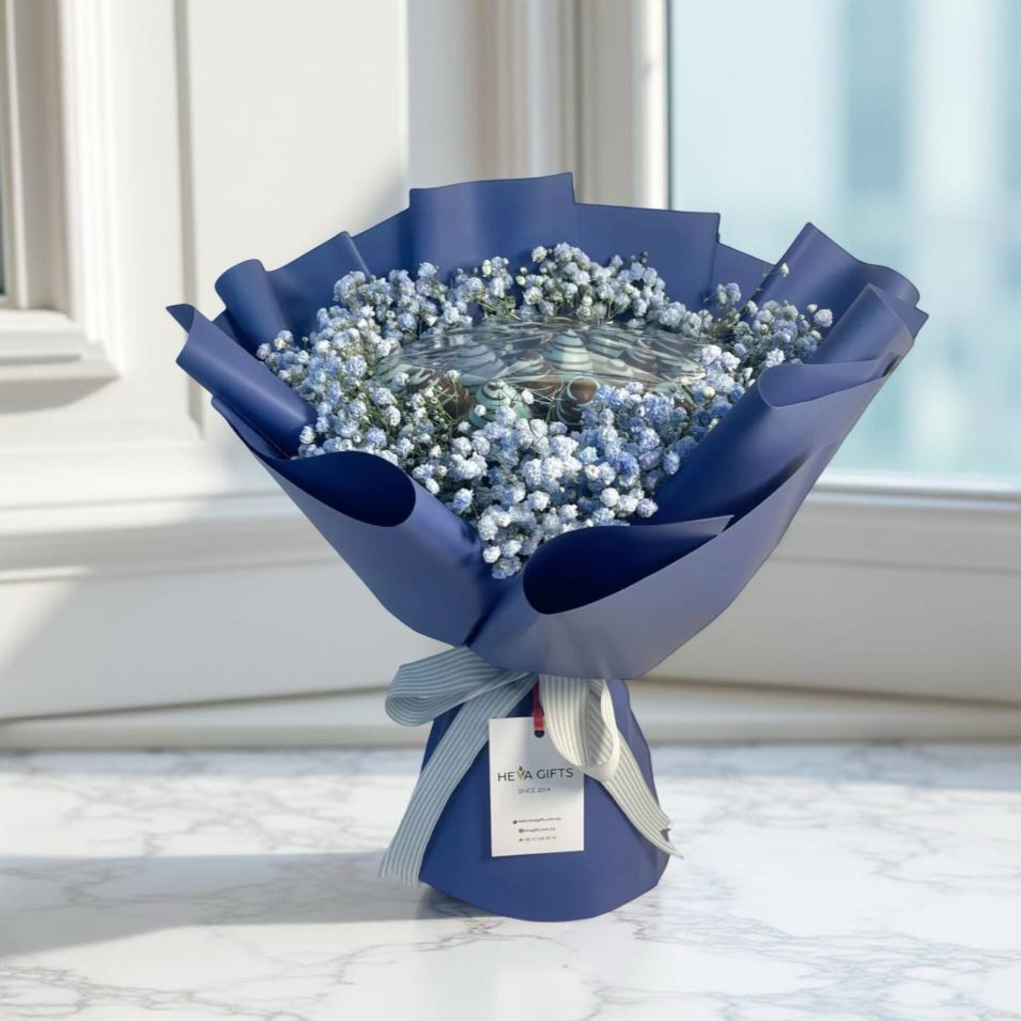 EVE Blue Baby Breath and Chocolate bouquet | Anniversary Gift Ideas ...