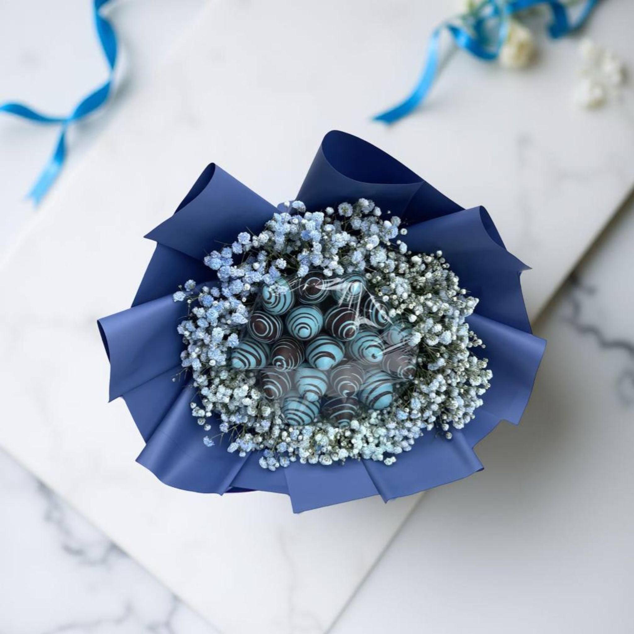 EVE Blue Baby Breath and Chocolate bouquet | Anniversary Gift Ideas ...
